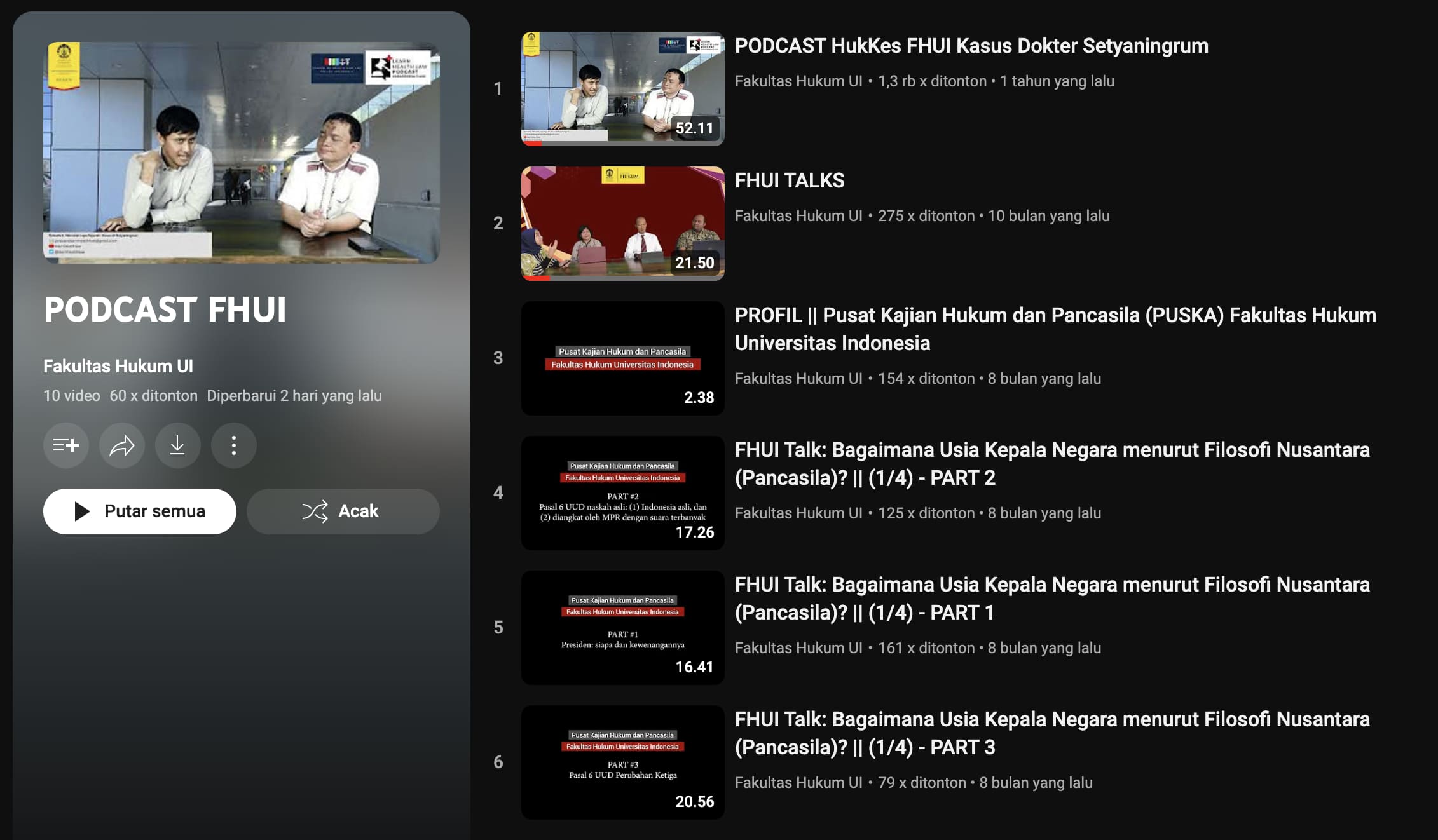 FH UI Youtube Channel - Fakultas Hukum Universitas Indonesia